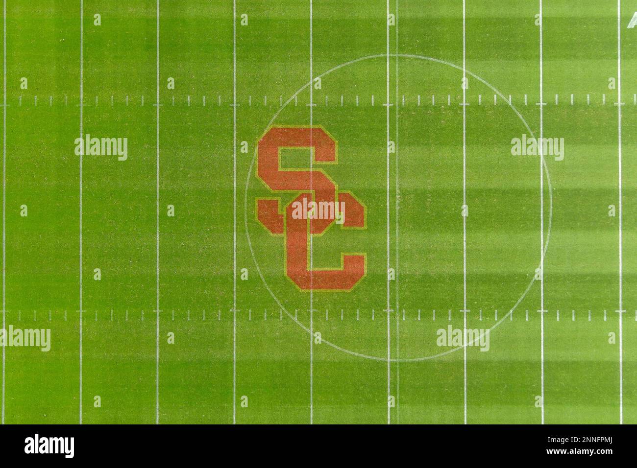 An aerial view of the SC logo at midfield of the football field at the ...