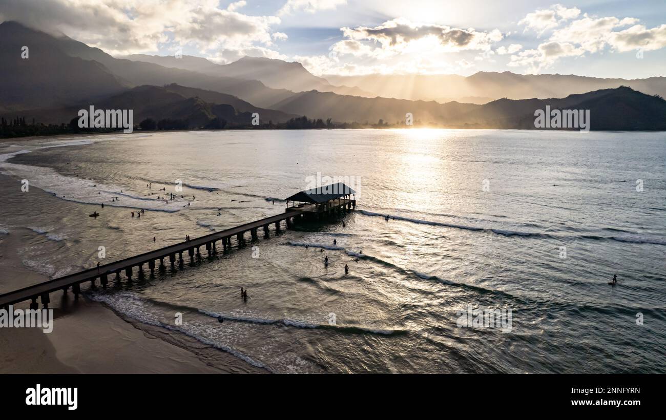 Hanalei bay, Kauai, Hawaii.In the center you can see the iconic pier ...
