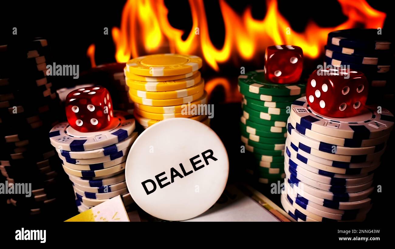 Gambling Poker Cards Money Chips and Red Dices on Fire Photo Stock ...