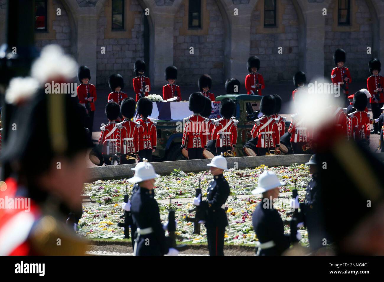 The Duke of Edinburgh's coffin, covered with his Personal Standard, is ...