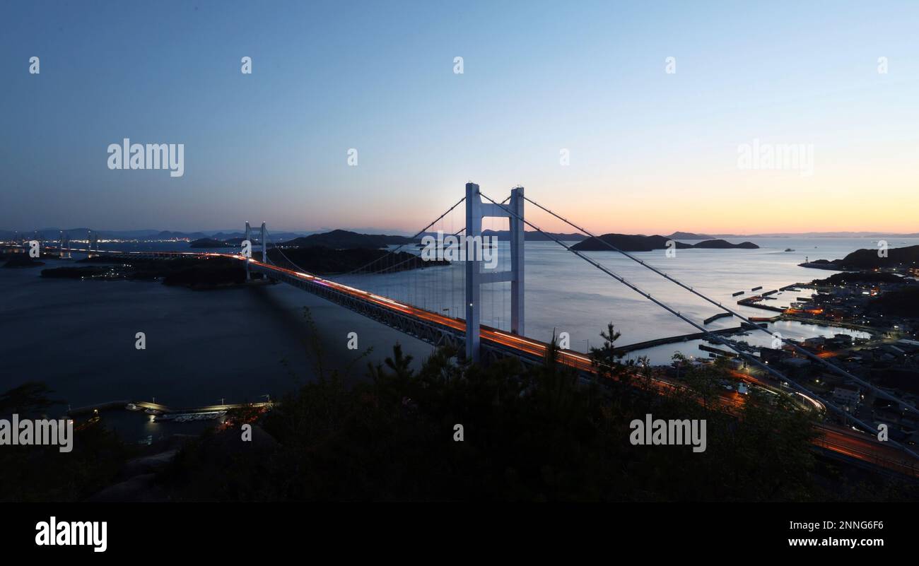 A photo shows the Great Seto Bridge (Seto Ohashi Bridge) at Mount Washu ...
