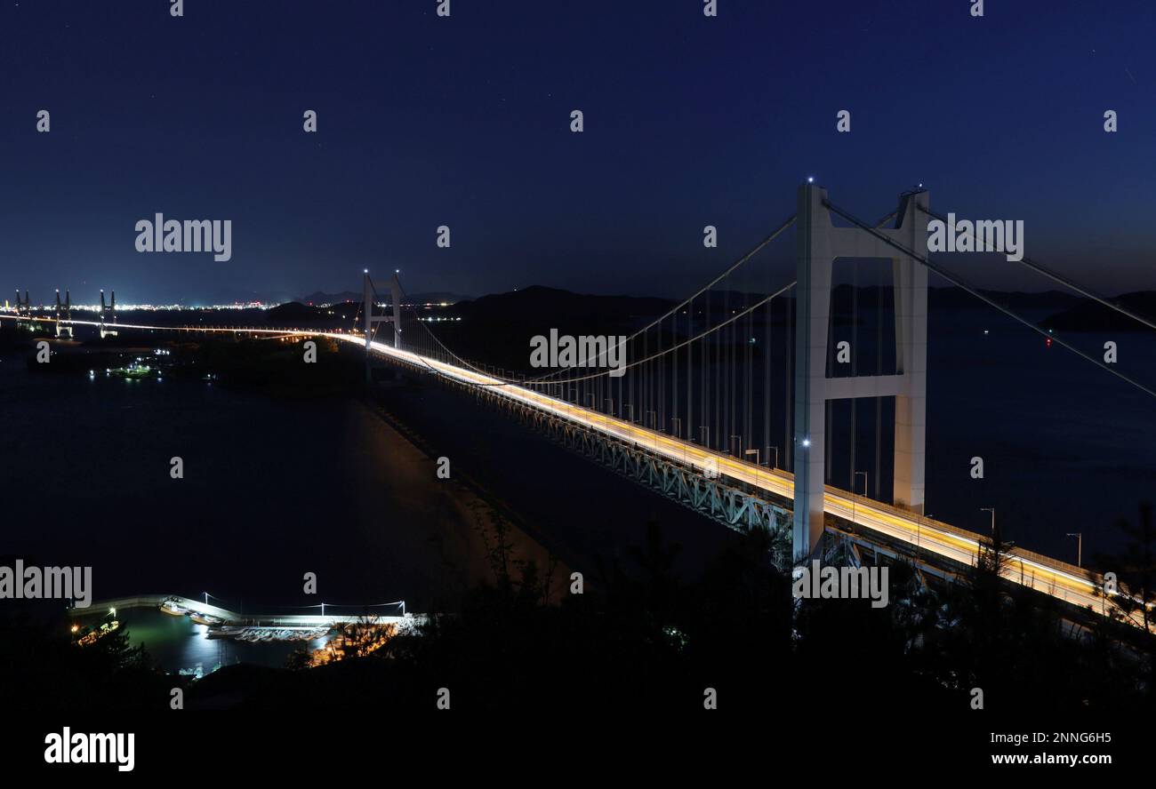 A photo shows the Great Seto Bridge (Seto Ohashi Bridge) at Mount Washu ...