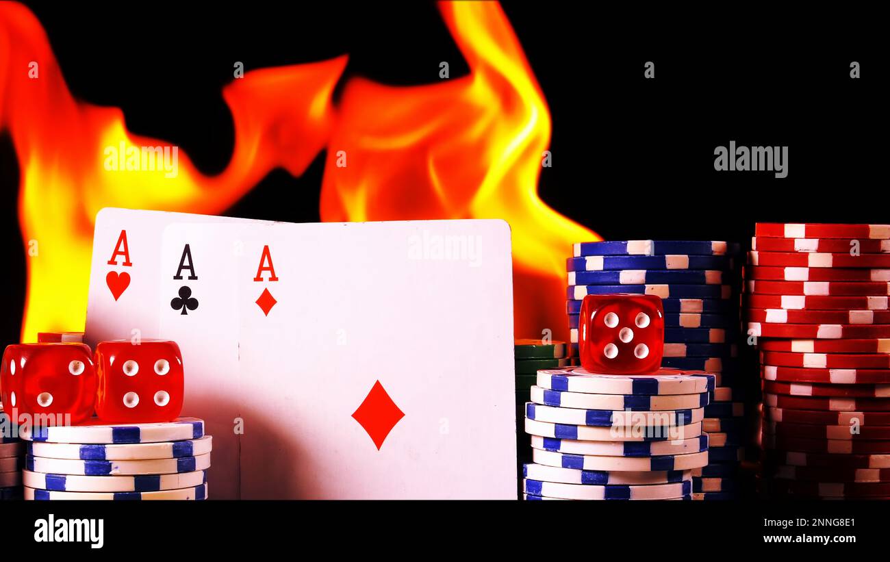 Gambling Poker Cards Money Chips and Red Dices on Fire Photo Stock ...