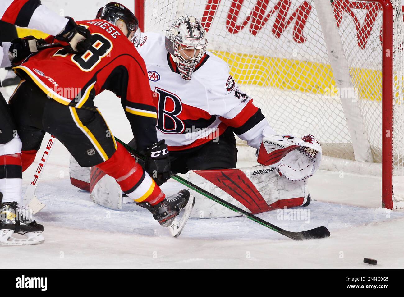 Belleville Senators goalie Kevin Mandolese, rt, makes a save as ...