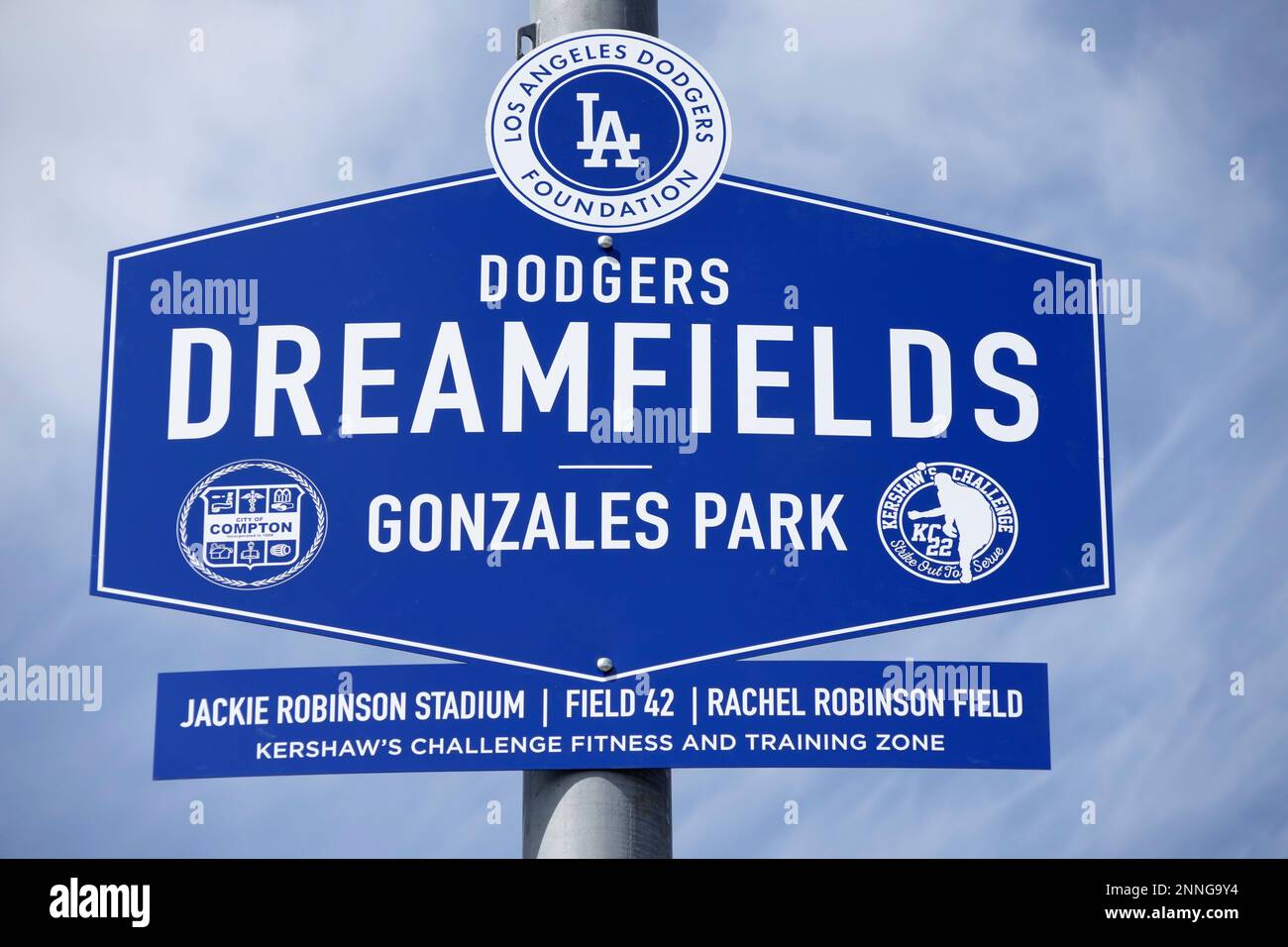 Los Angeles Dodgers Dreamfields sign at a ribbon-cutting ceremony at ...