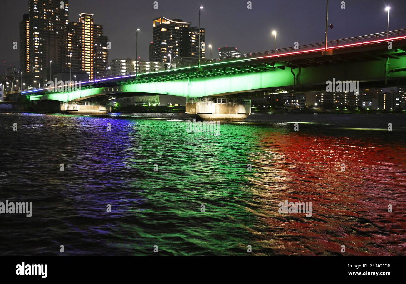 The Tsukuda Ohashi bridge is illluminated with an Olympic color in Chuo ...