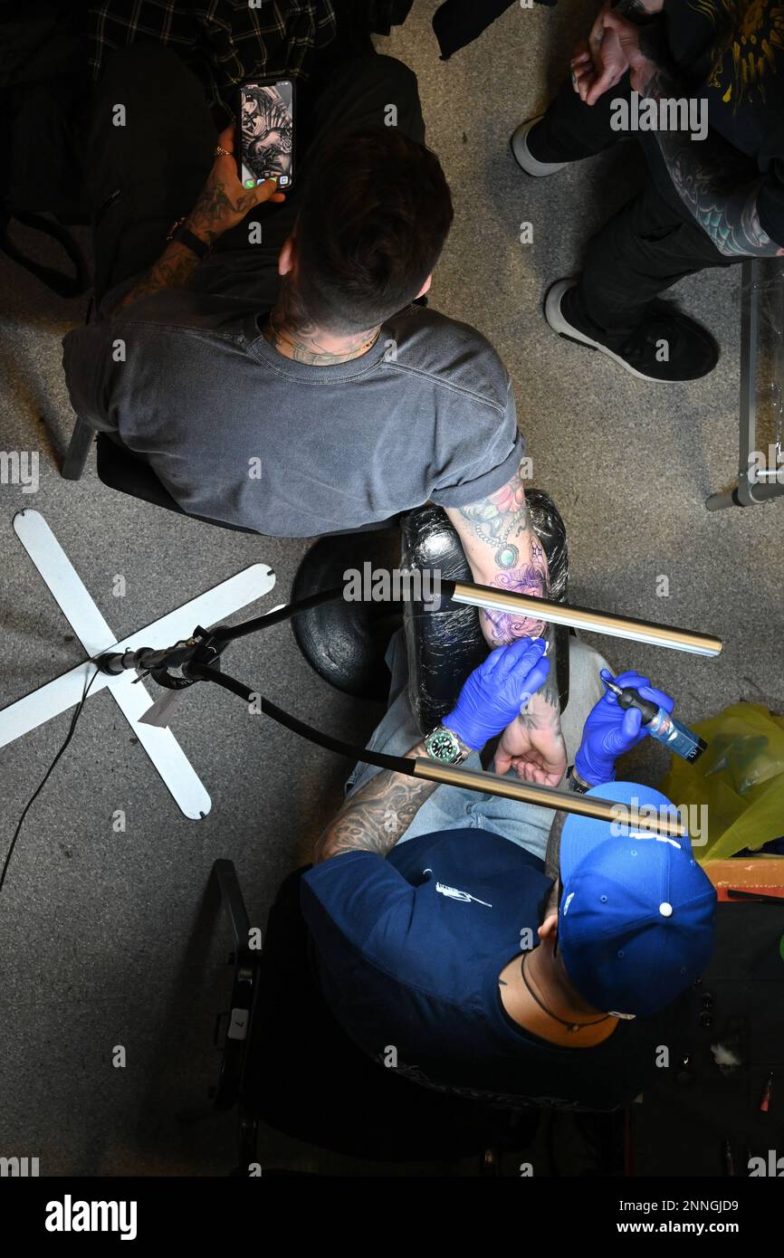Brighton UK. 25th February 2023. Aerial view as Tattoo artist Ken ...