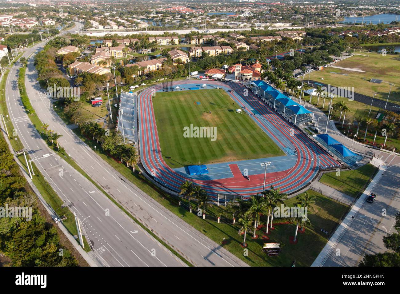 An aerial view of the track and field stadium at the Ansin Sports ...