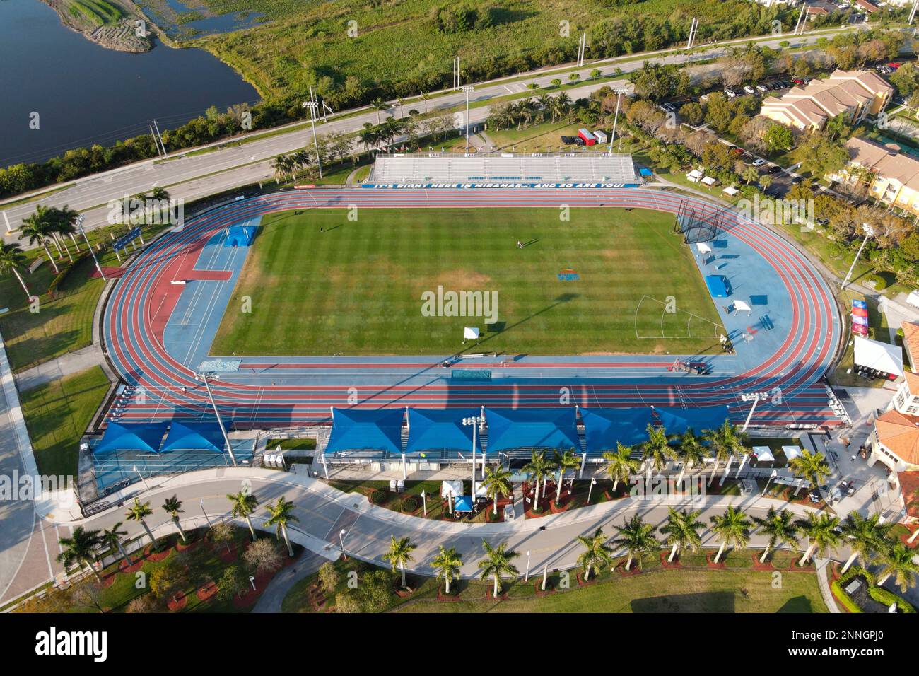 An aerial view of the track and field stadium at the Ansin Sports ...