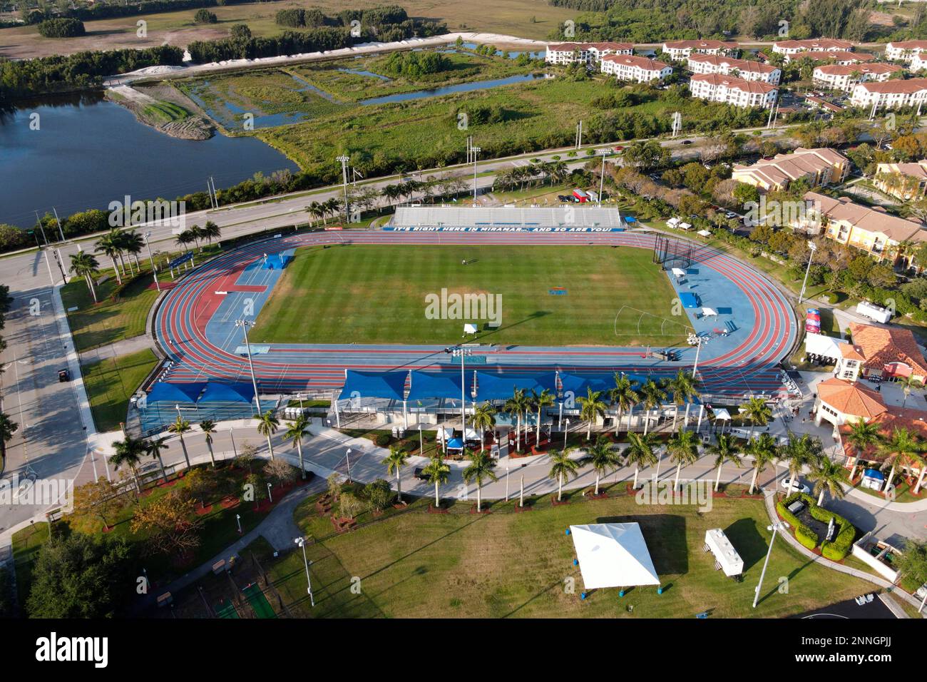 An aerial view of the track and field stadium at the Ansin Sports ...