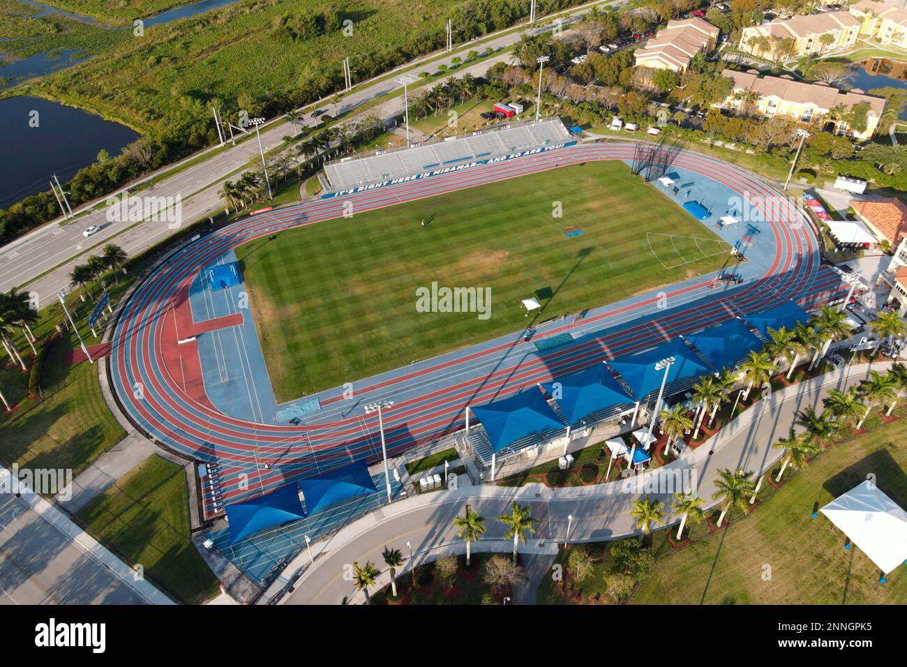 An aerial view of the track and field stadium at the Ansin Sports ...