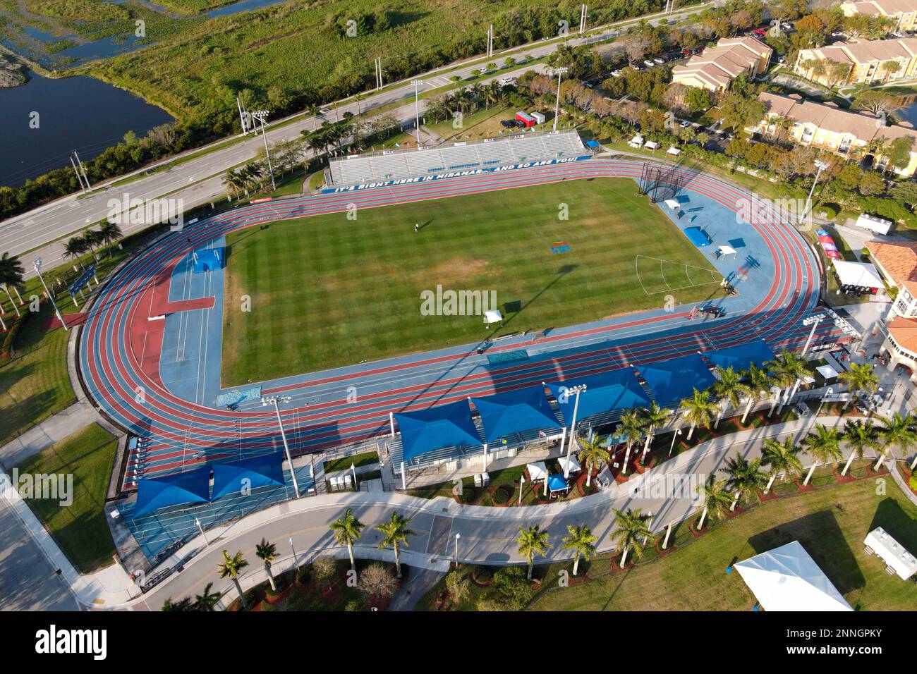 An aerial view of the track and field stadium at the Ansin Sports ...
