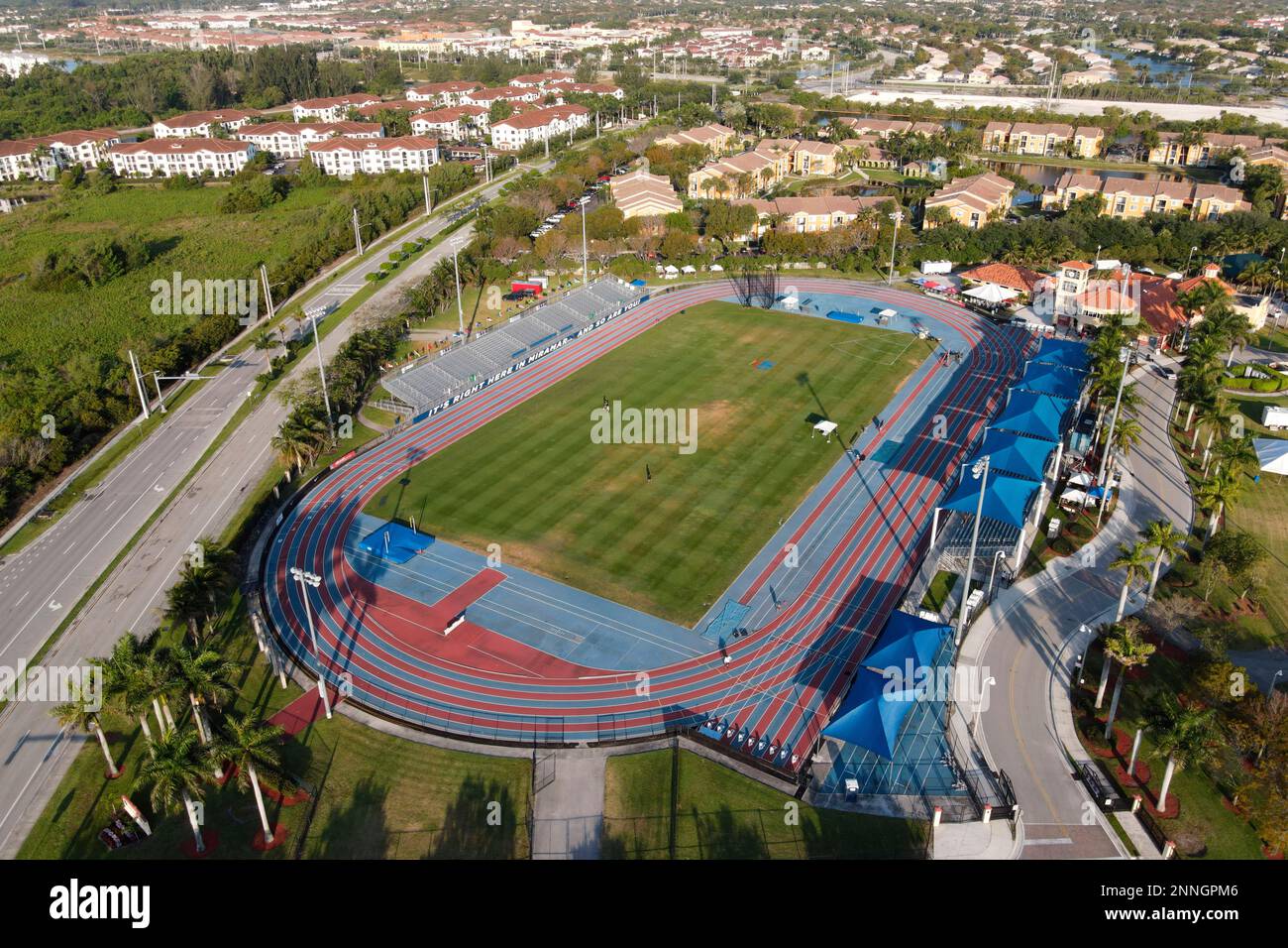 An aerial view of the track and field stadium at the Ansin Sports ...