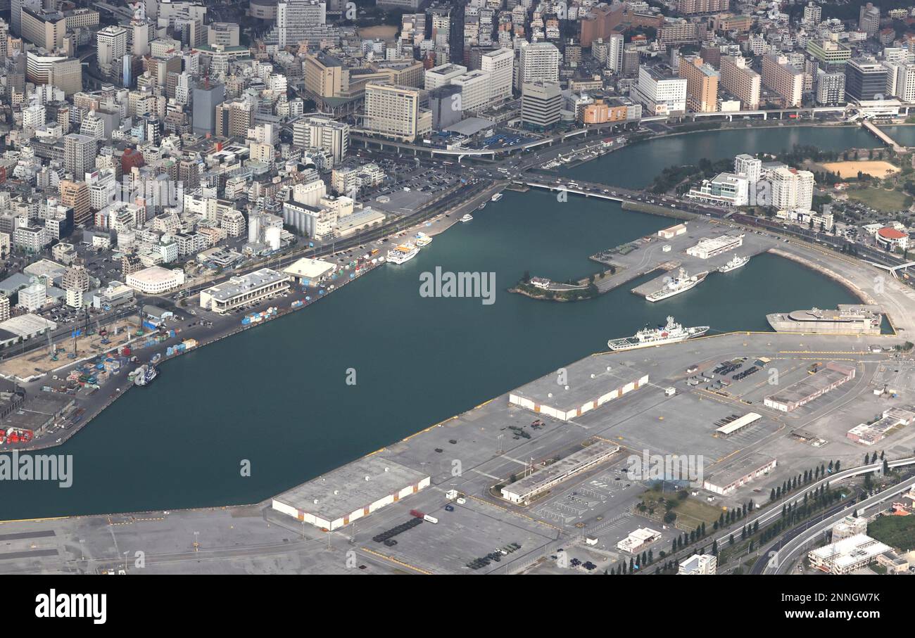 An aerial photo shows Naha Port Facility in Naha City, Okinawa ...