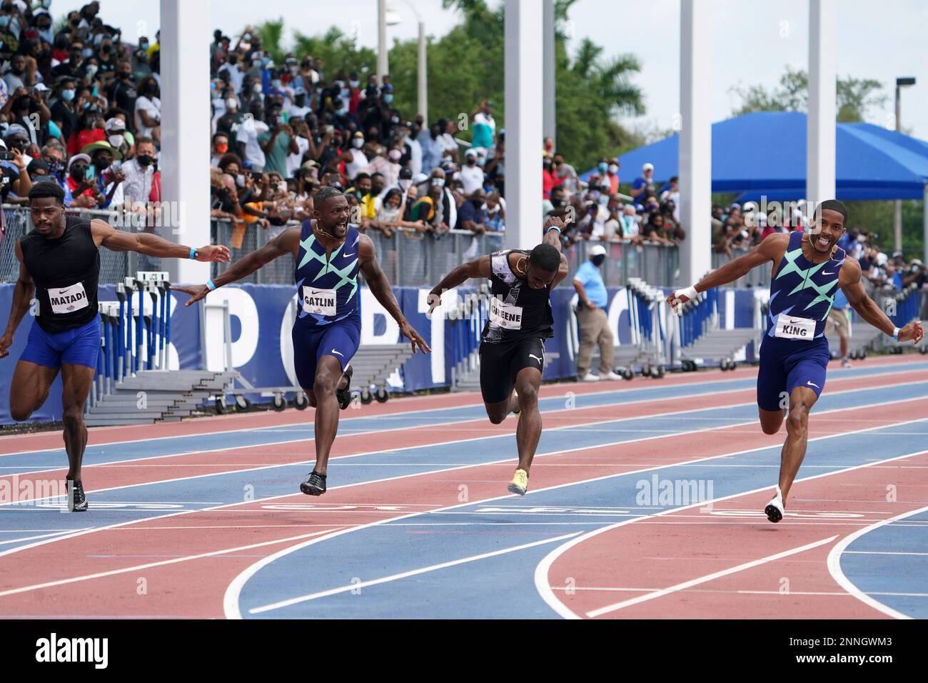 Kyree King (USA), right, defeats Justin Gatlin (second from left) to ...