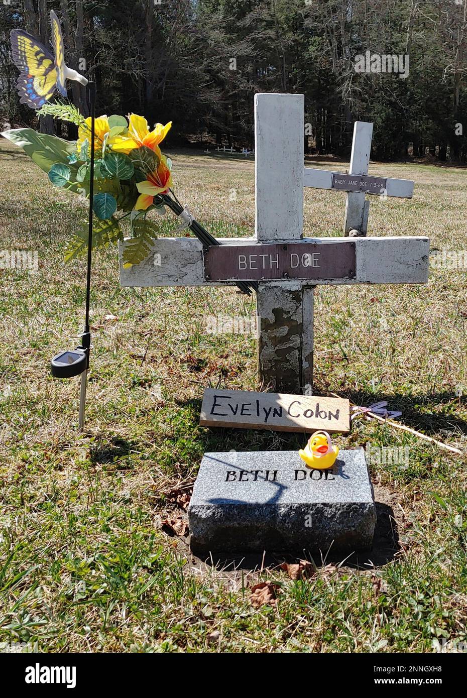 Flowers, a child's toy, and a piece of wood with the name Evelyn Colon ...