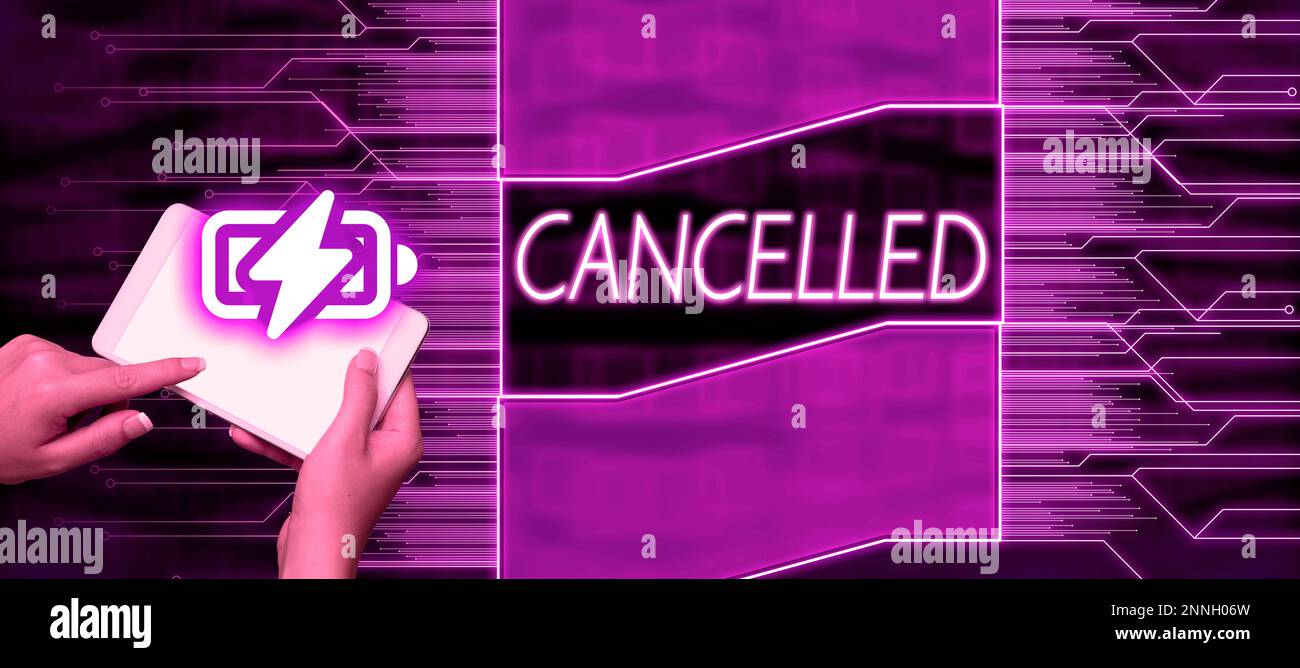 Hand writing sign Cancelled. Business concept decide or announce that ...