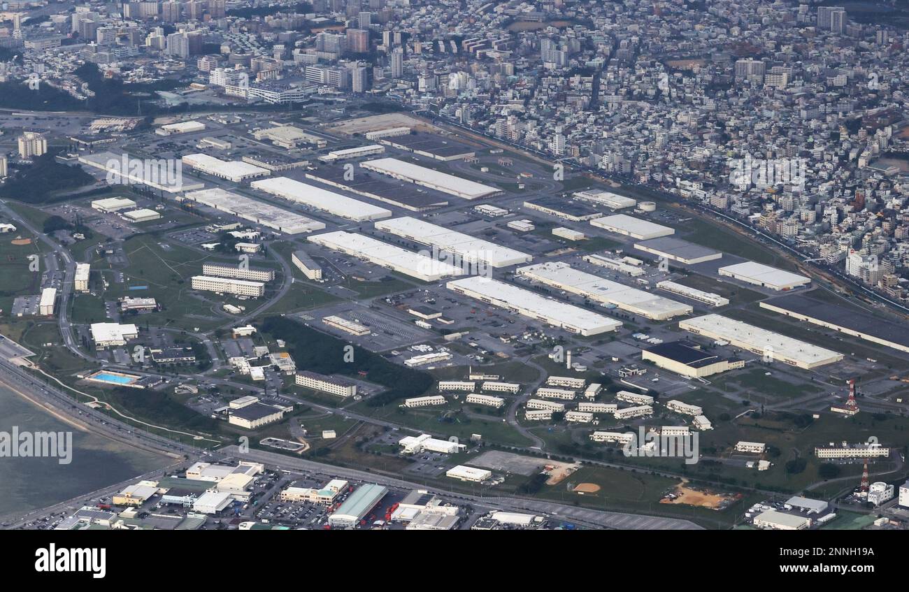 An aerial photo shows Makiminato Service Area (Camp Kinser) in Urasoe ...