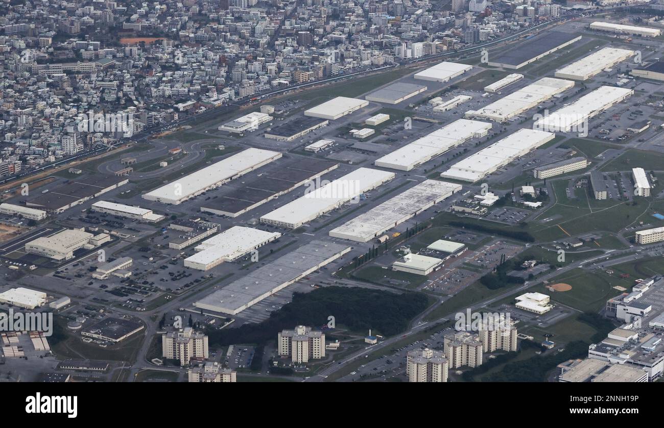 An aerial photo shows Makiminato Service Area (Camp Kinser) in Urasoe ...