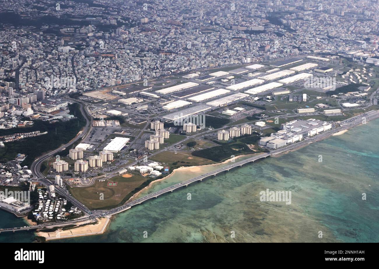 An aerial photo shows Makiminato Service Area (Camp Kinser) in Urasoe ...