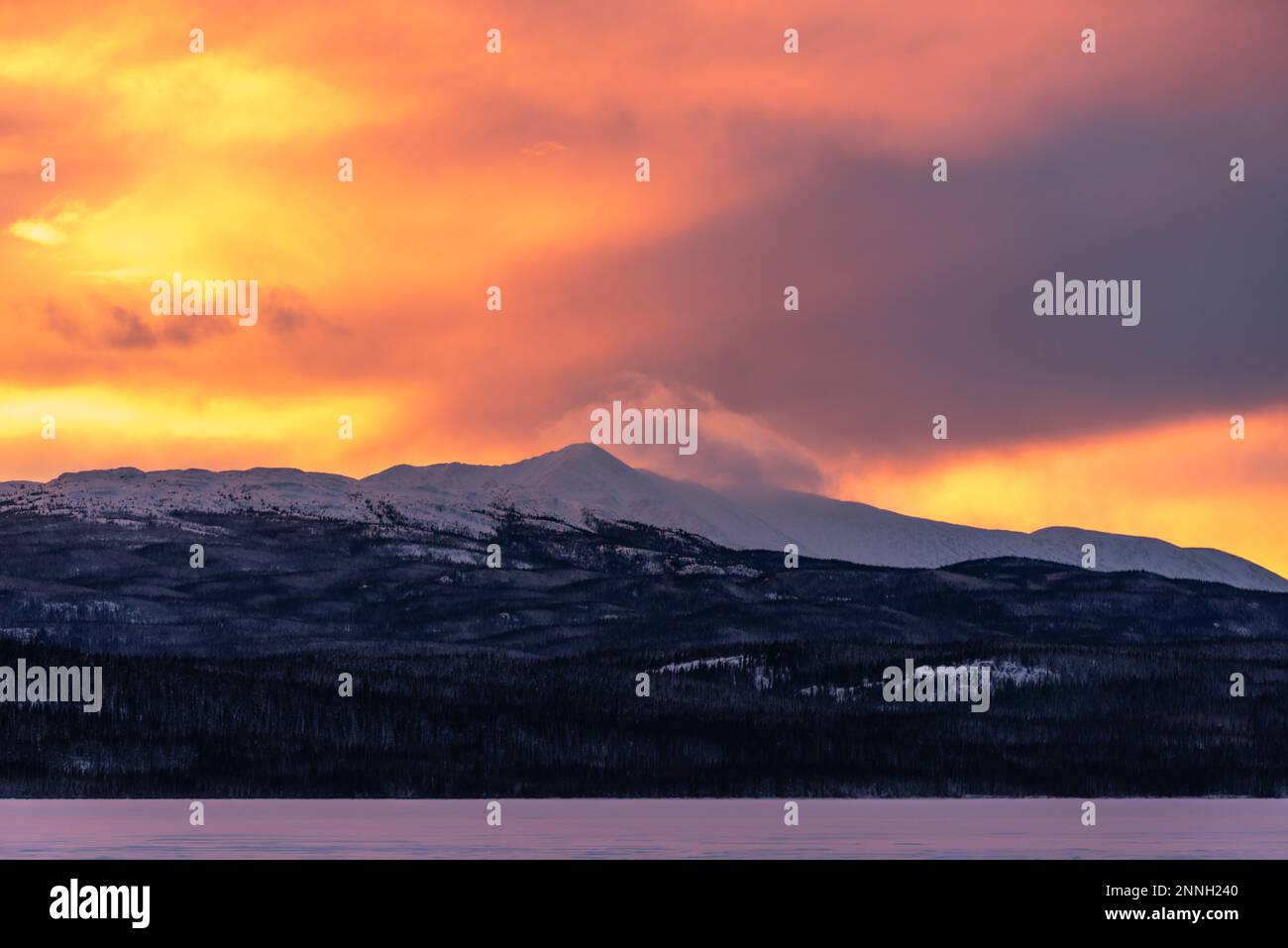 Snow capped mountains with amazing sunset clouds above boreal forest ...