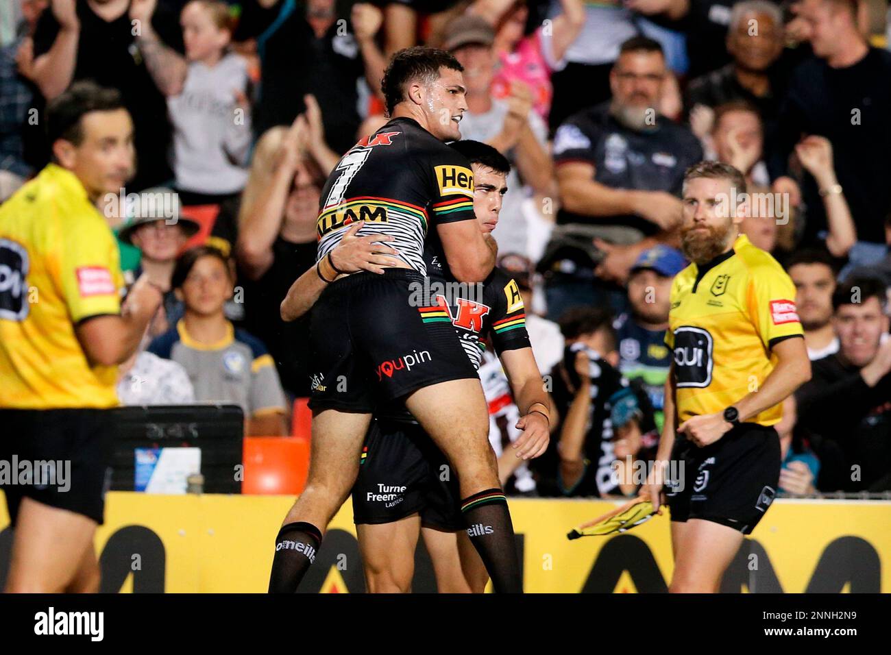 SYDNEY, AUSTRALIA - APRIL 09: Penrith players celebrate Charlie Staines ...