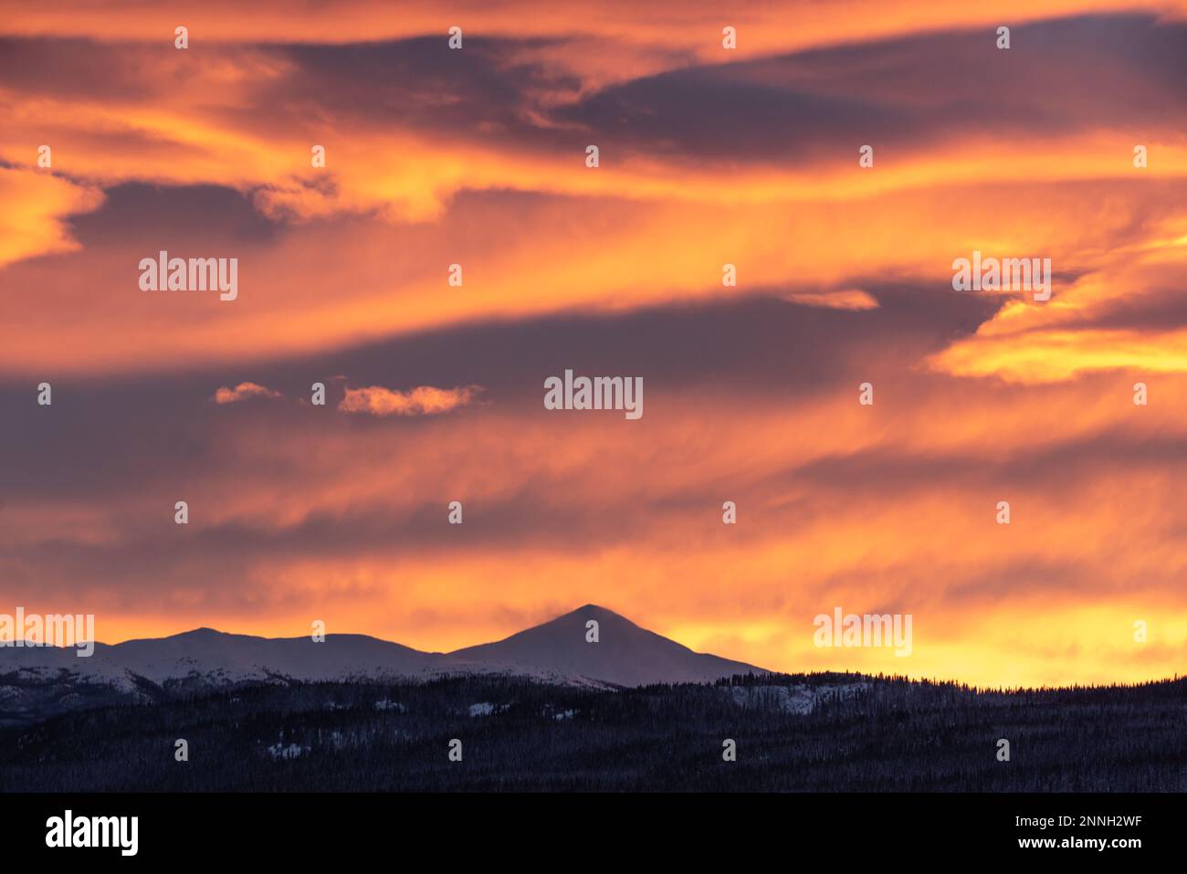 Snow capped mountains with amazing sunset clouds above boreal forest ...
