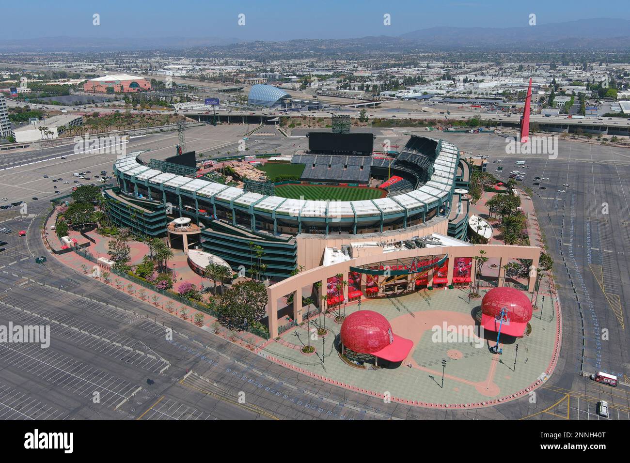 An aerial view of Angel Stadium of Anahiem, Wednesday, April 8, 2021 ...