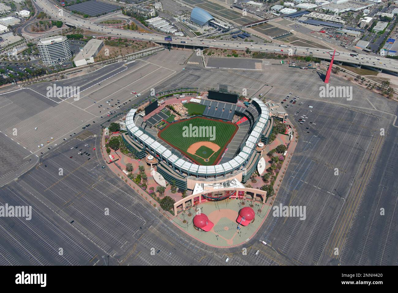 An aerial view of Angel Stadium of Anahiem, Wednesday, April 8, 2021 ...