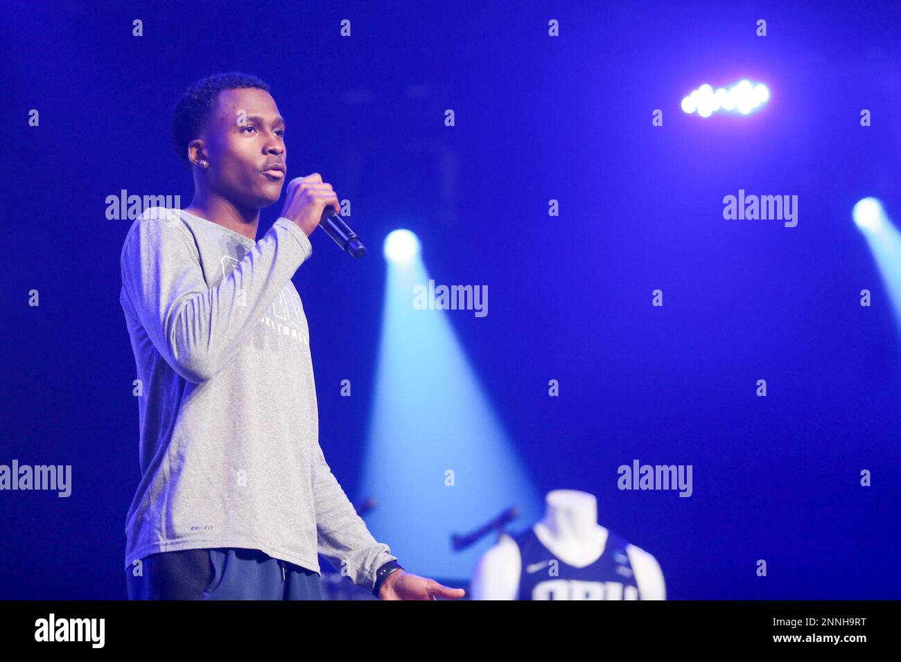 Oral Roberts guard Max Abmas speaks during an event, Tuesday, April 6 ...