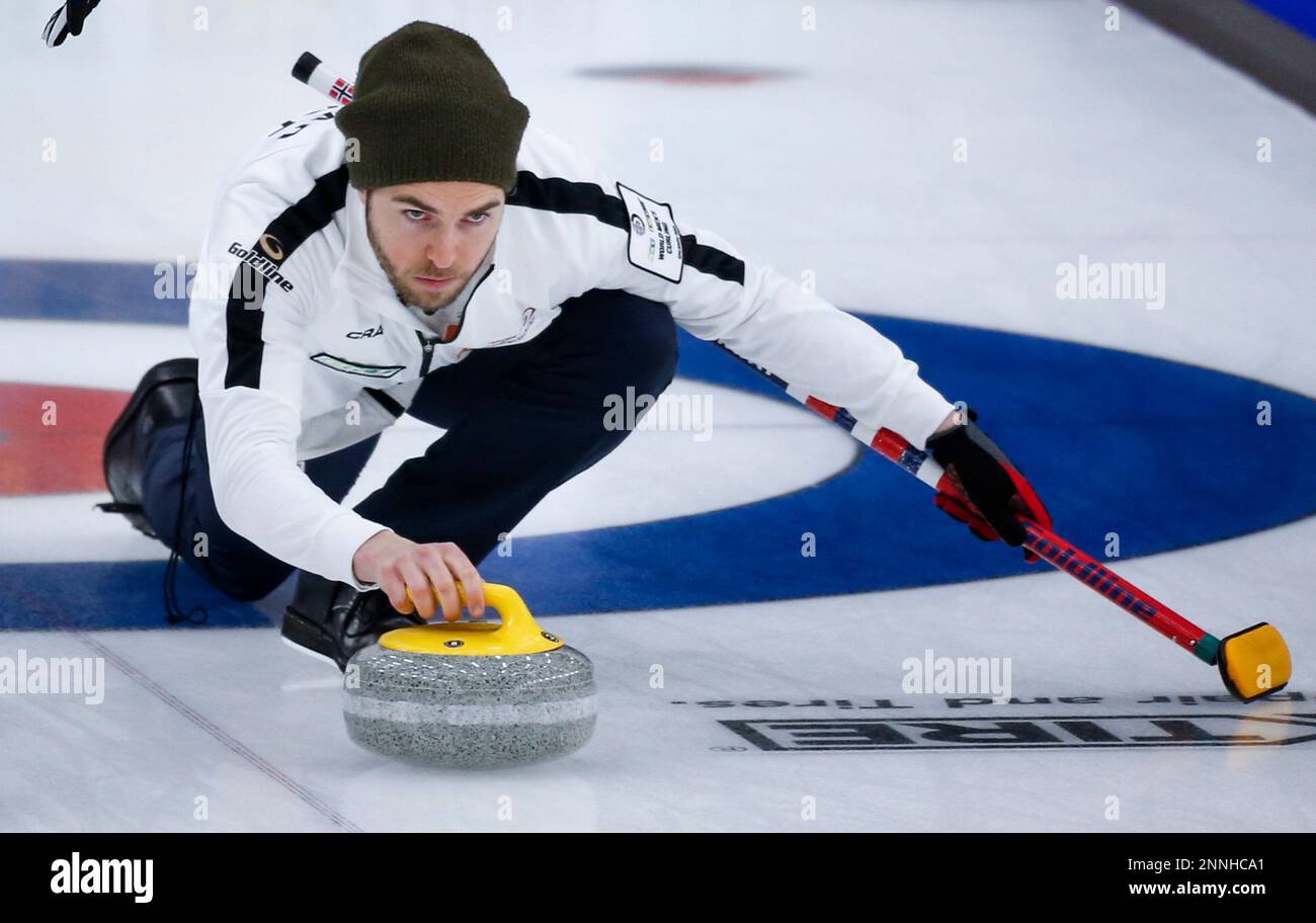 Norway skip Steffen Walstad makes a shot against Japan at the men's ...