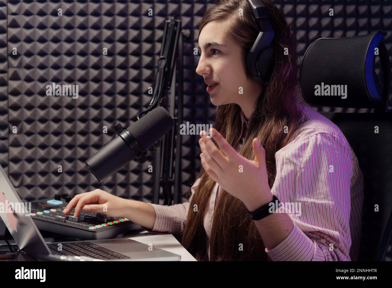 Female host broadcasting radio program Stock Photo - Alamy