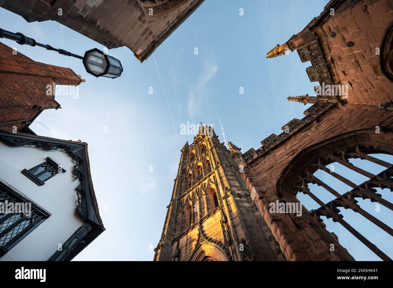 Low angle view of Coventry ruins and cottage in West Midland UK Stock ...