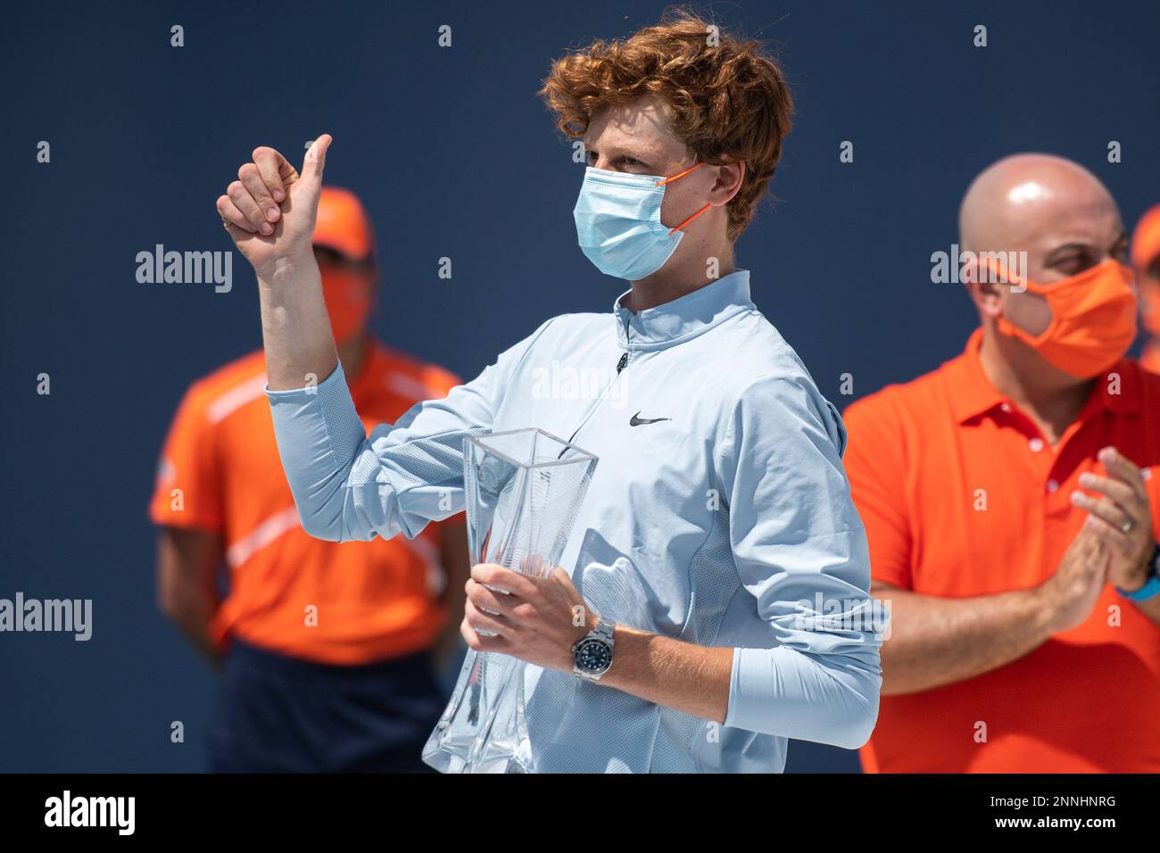 Italy's Jannik Sinner poses with his finalist trophy after the men's ...