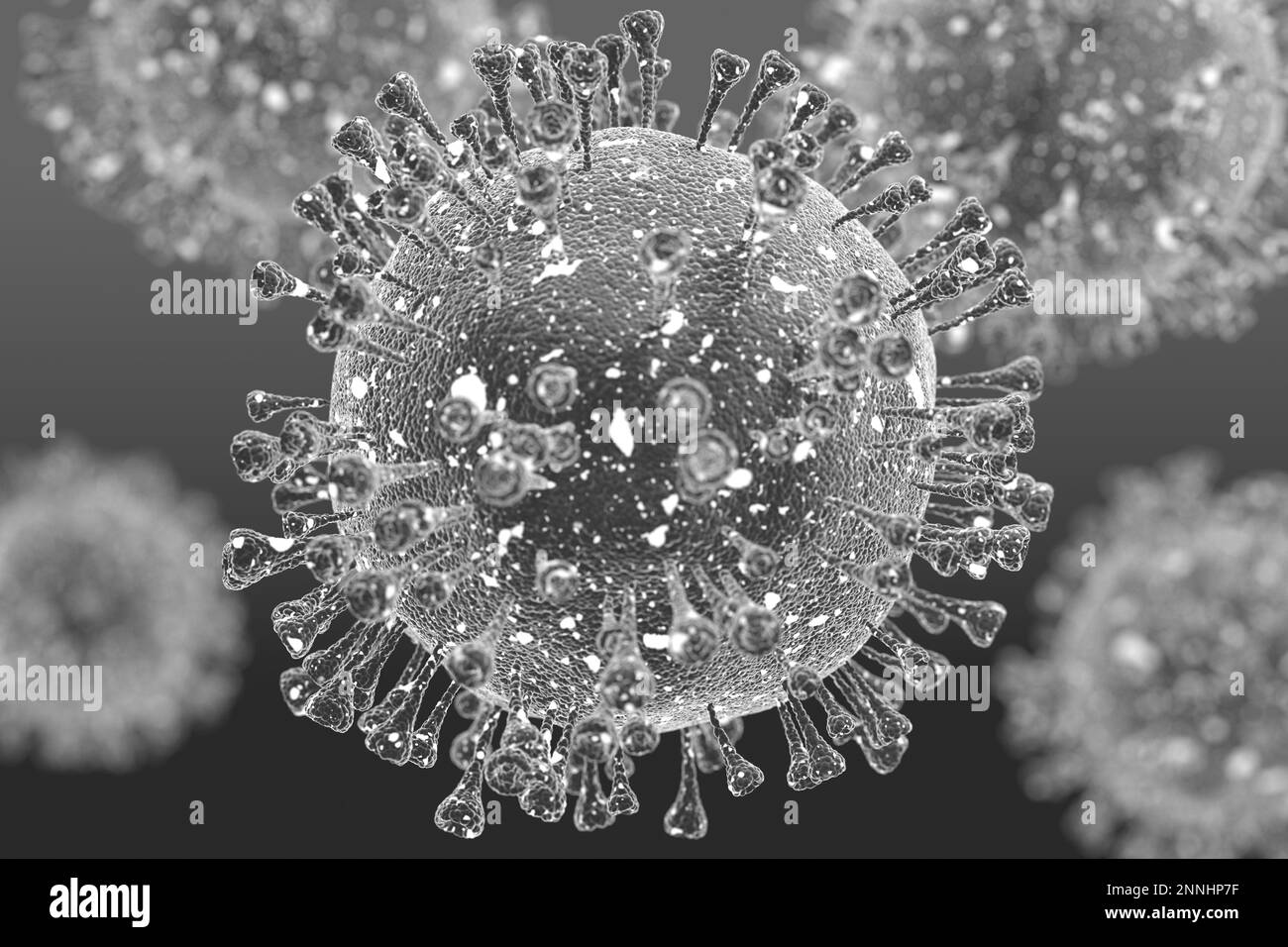 Covid virus cell in human blood magnified under a microscope. 3D render ...
