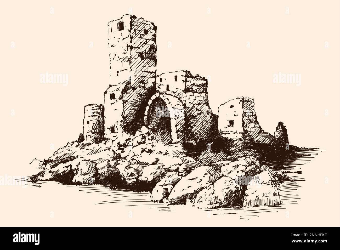 A quick pencil sketch of a medieval stone castle with towers and arches ...