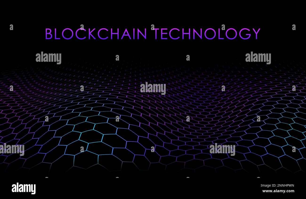 Blockchain technology is presented as a wavy mesh network connected to ...