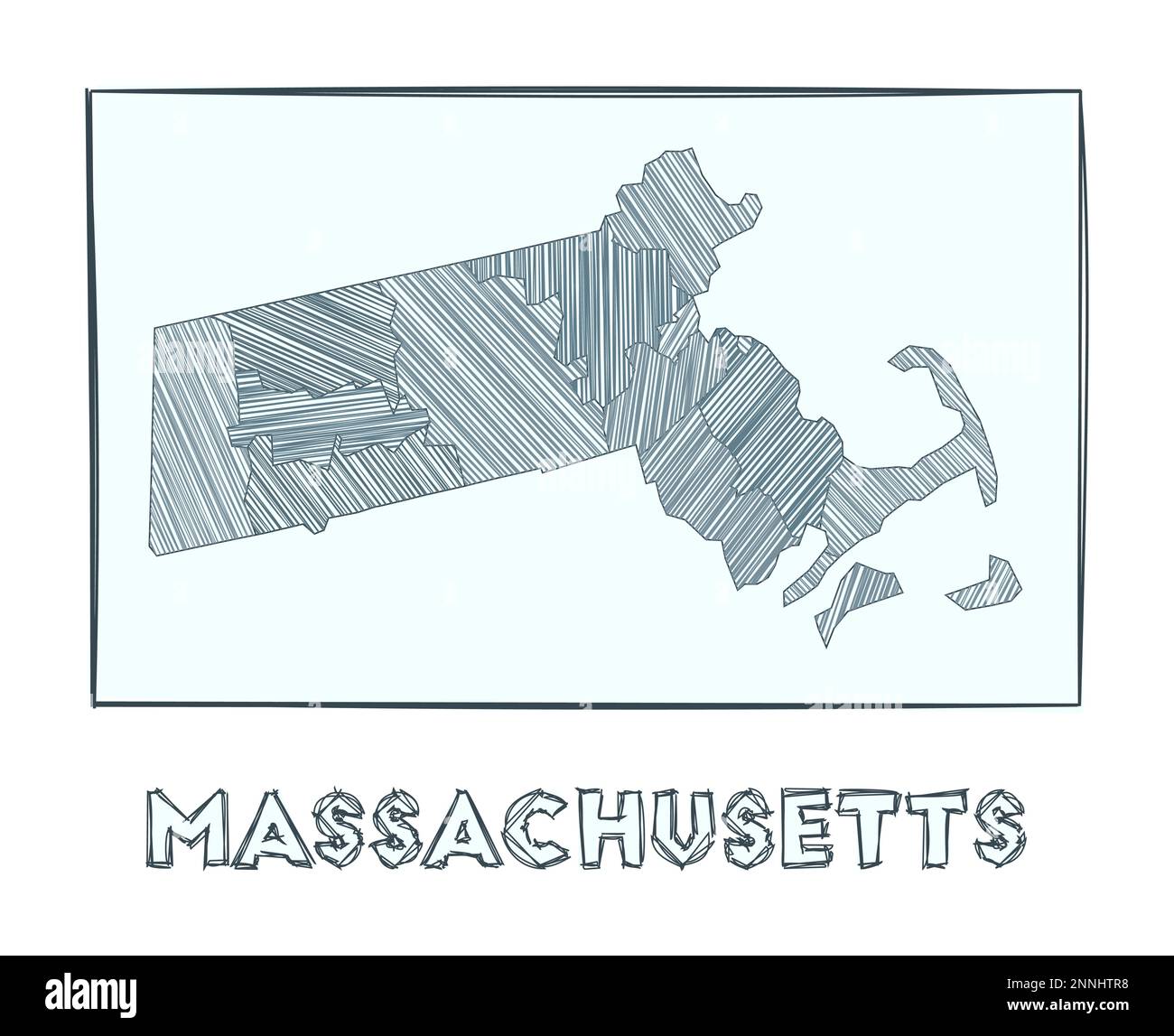 Sketch map of Massachusetts. Grayscale hand-drawn map of the US state ...