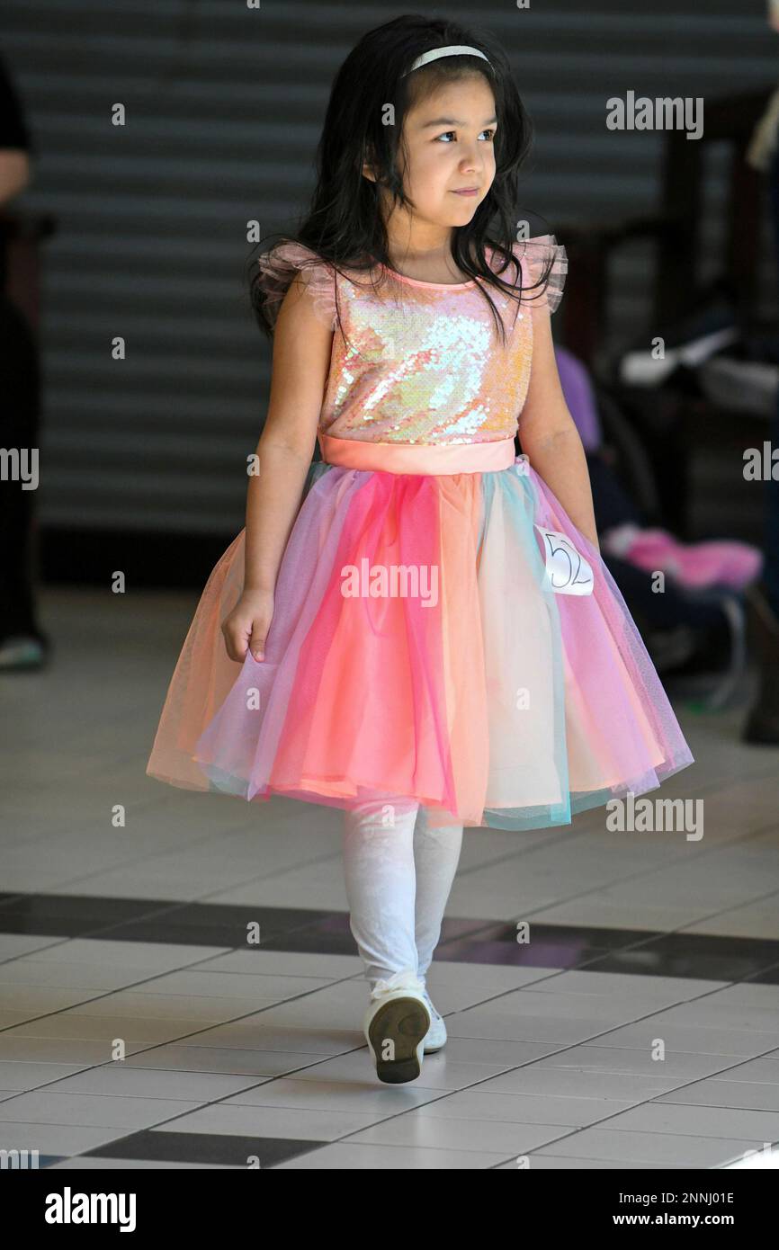 Sofia Tahuilan, 6, of Shenandoah, Pa., walks out for the judges during ...