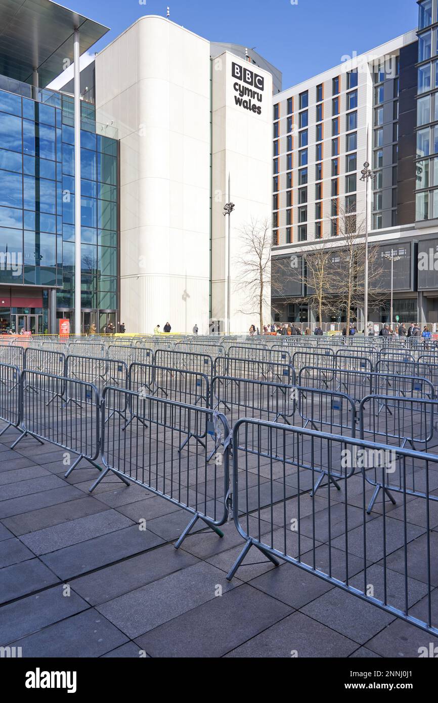 Queue control barriers erected in Central Square before the Wales vs ...