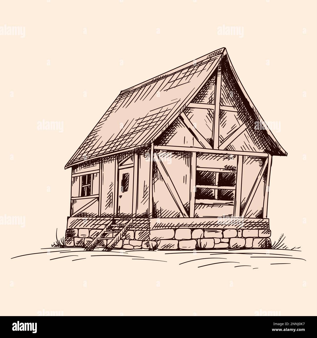 Old rustic wooden house with beams on a stone foundation. A quick ...