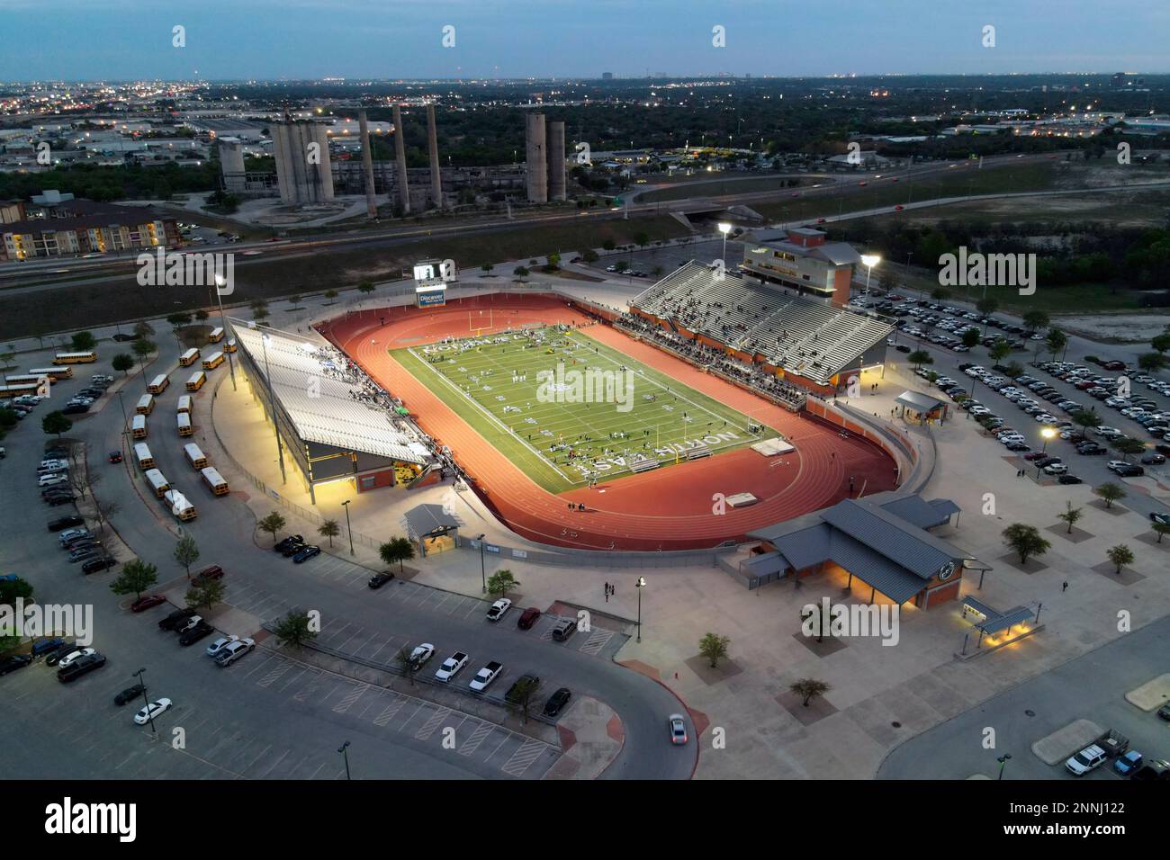 An aerial view of Heroes Stadium during the UIL 6A District 28 Track ...