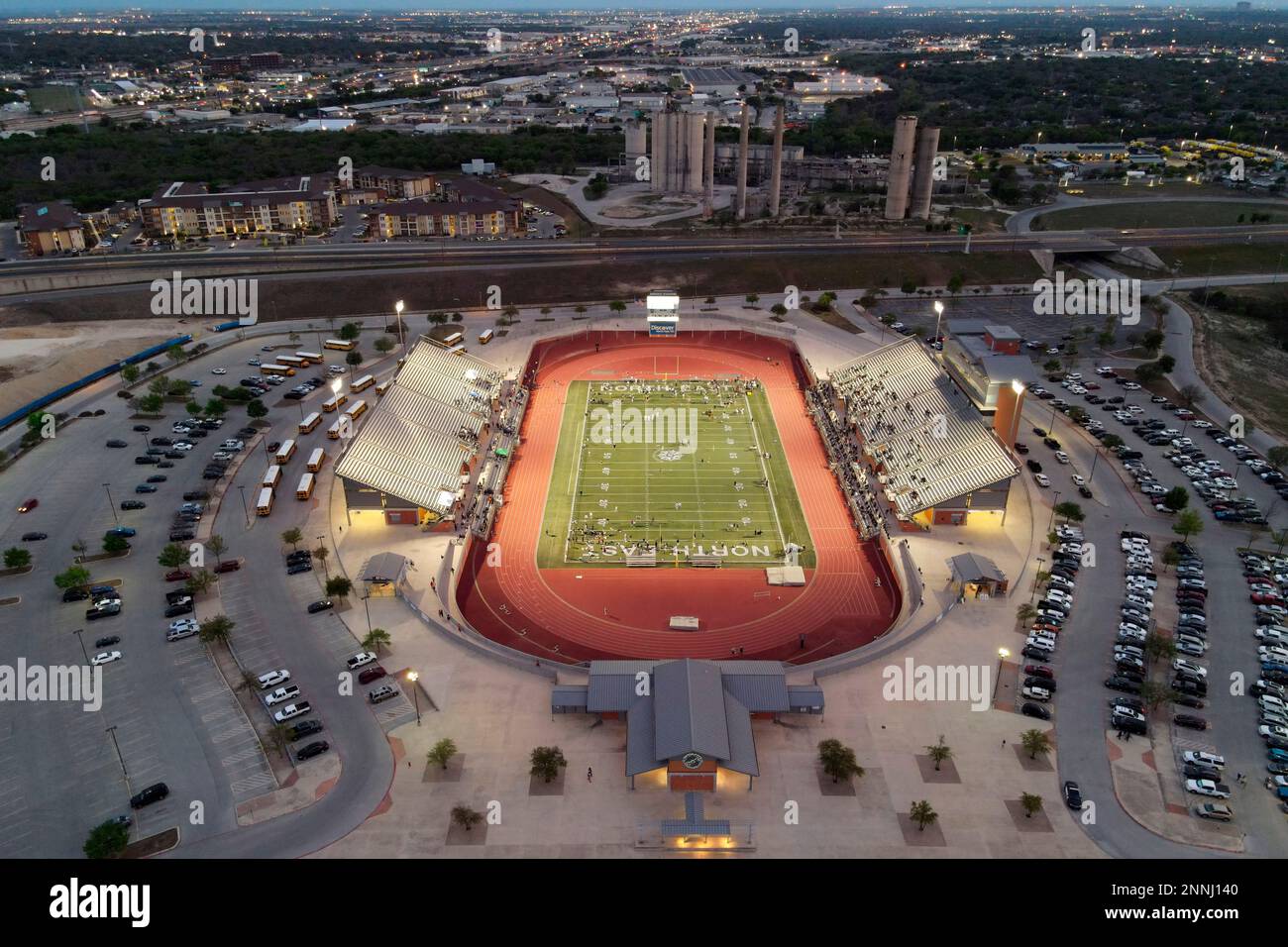 An aerial view of Heroes Stadium during the UIL 6A District 28 Track ...