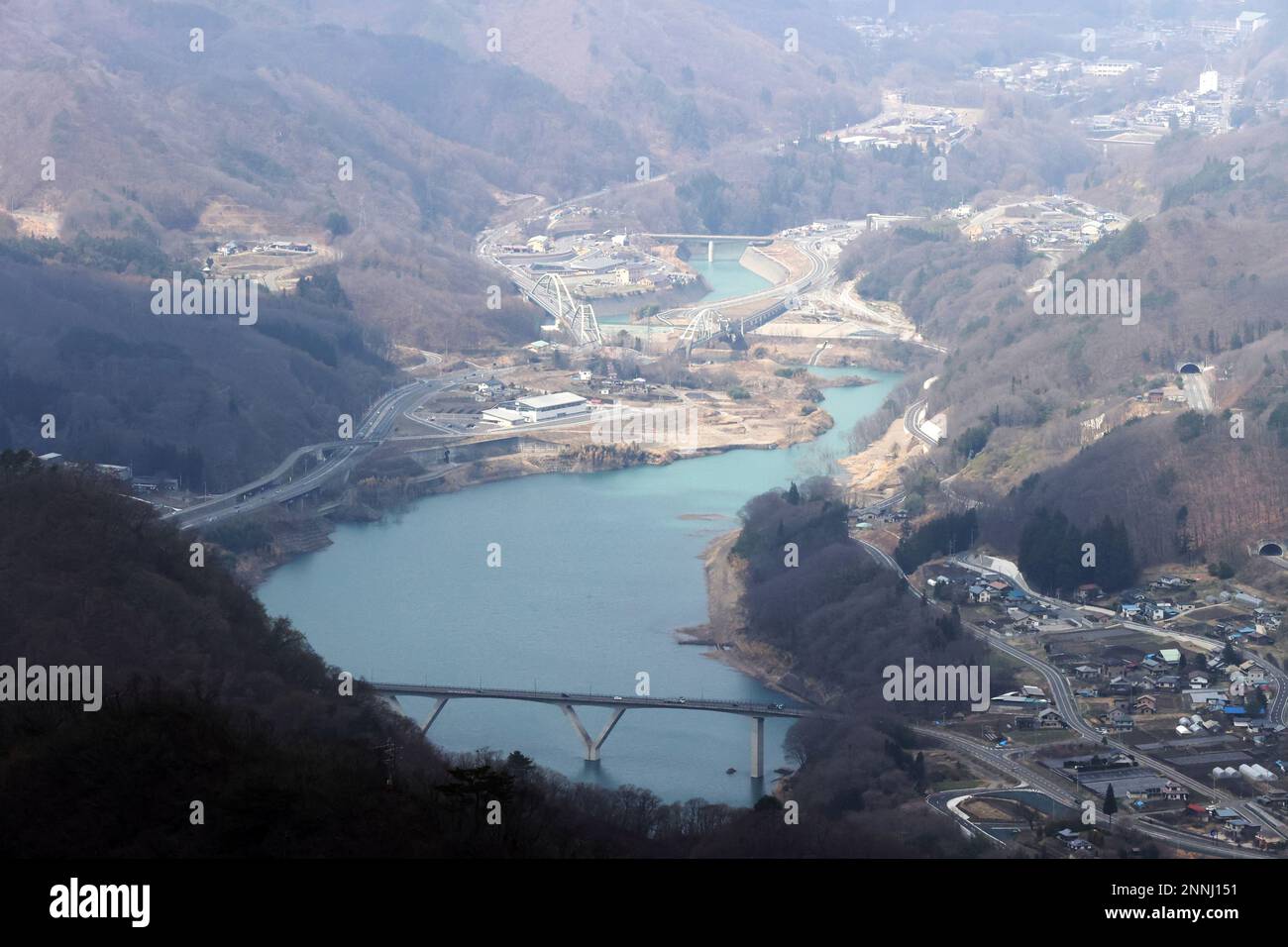 An aerial photo shows Yanba Dam in Naganohara Town, Agatsuma District ...