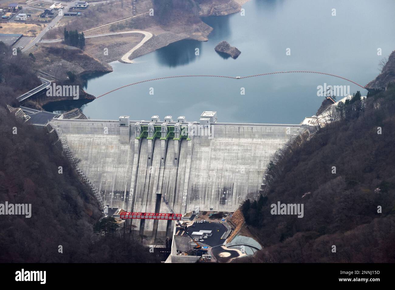 An aerial photo shows Yanba Dam in Naganohara Town, Agatsuma District ...