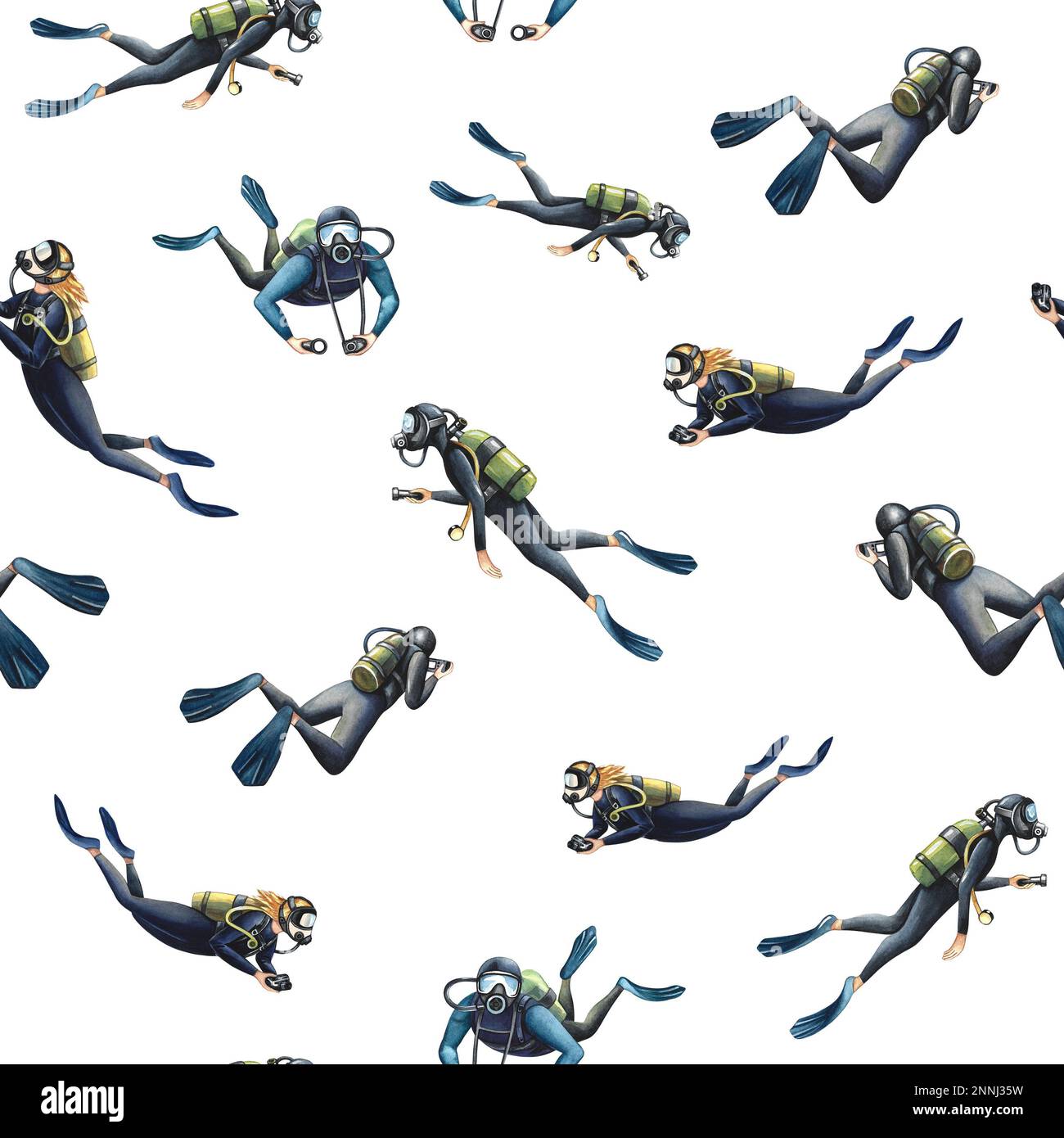 Seamless pattern with divers. Underwater travel. Watercolor hand drawn ...