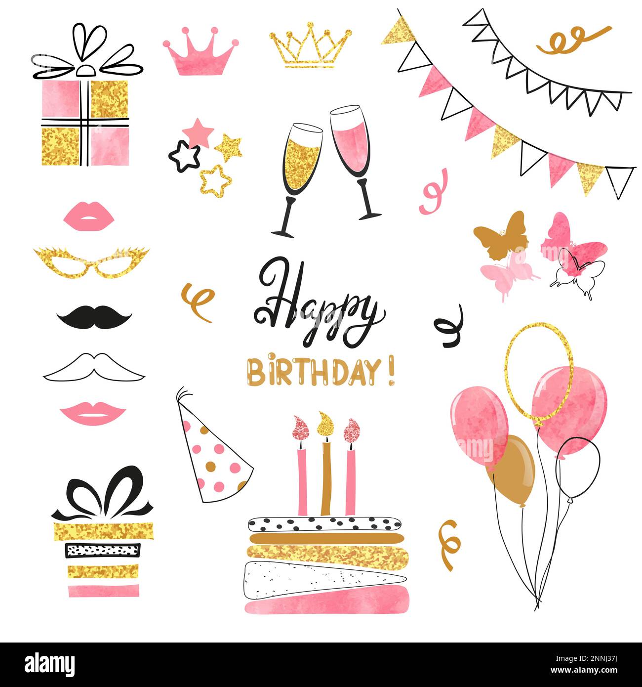 Birthday party icon set in pink, black and golden colors. Vector hand ...