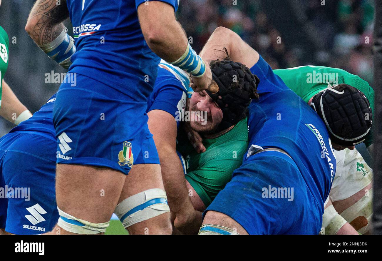 Rome, Italy. 25 Feb 2023. Ireland prop Tom O'Toole in a tight spot ...