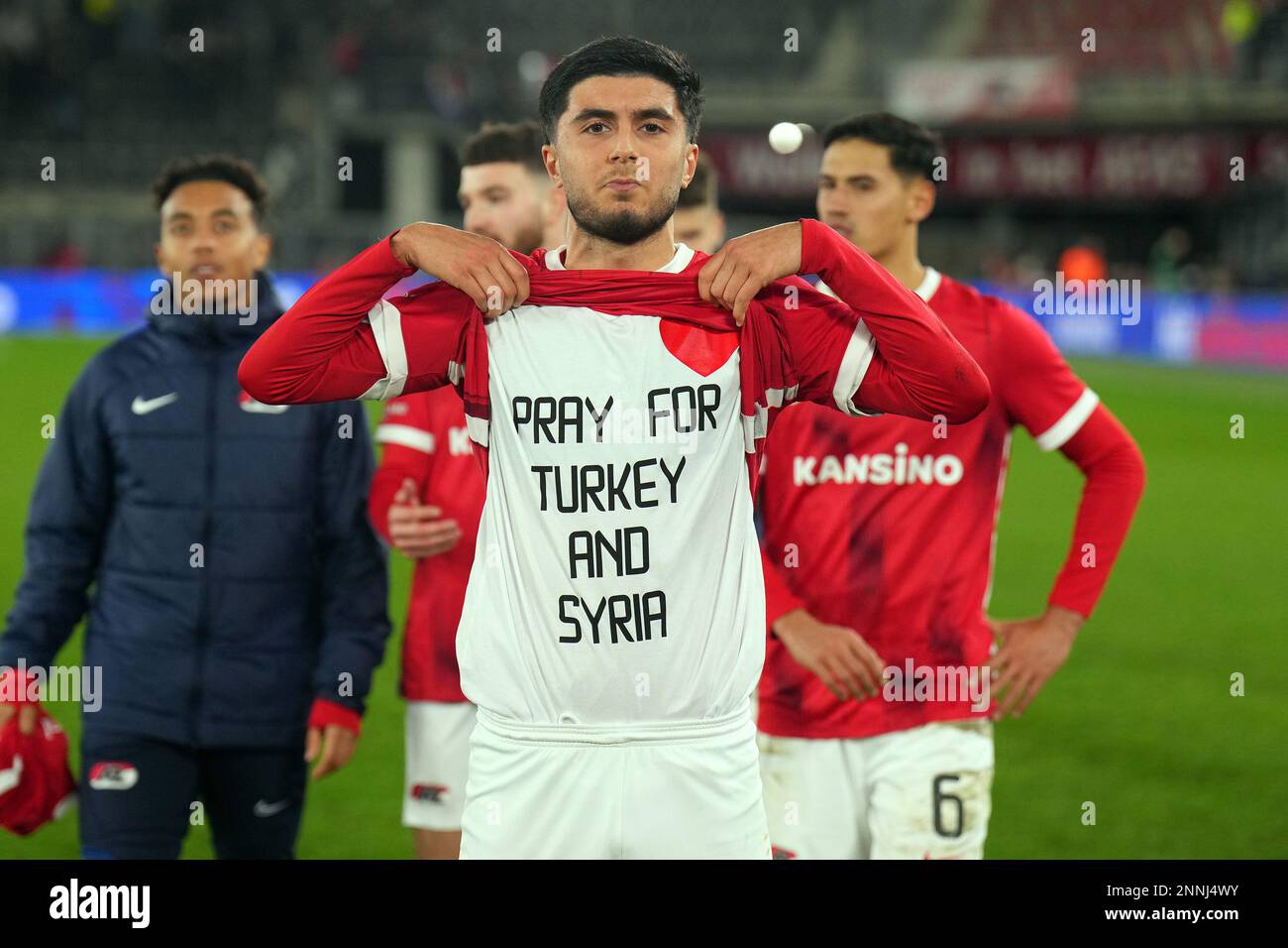 ALKMAAR - Yusuf Barasi of AZ Alkmaar with a statement of support to the ...