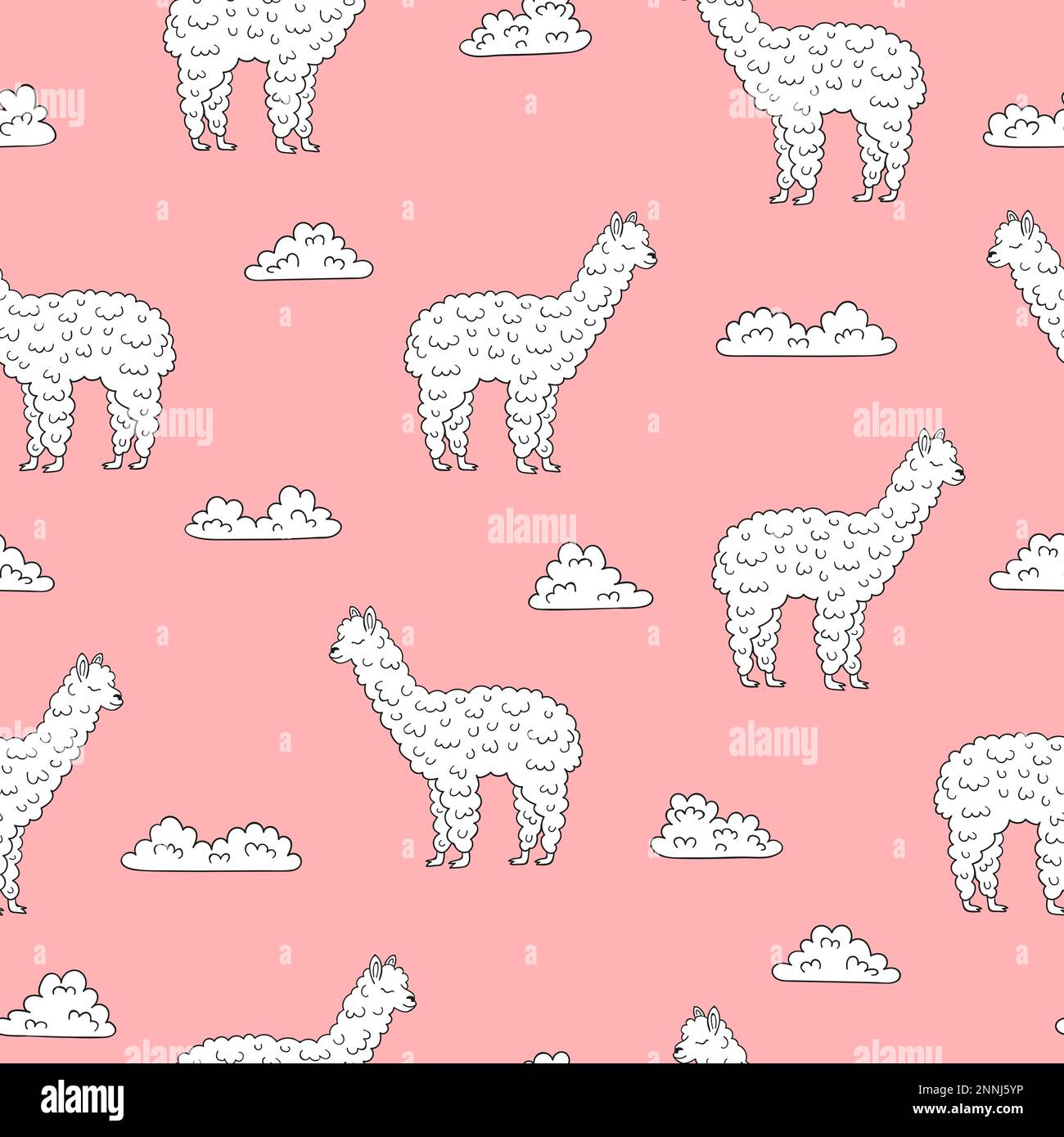 Cute lama seamless pattern. Vector pink background with alpaca and ...
